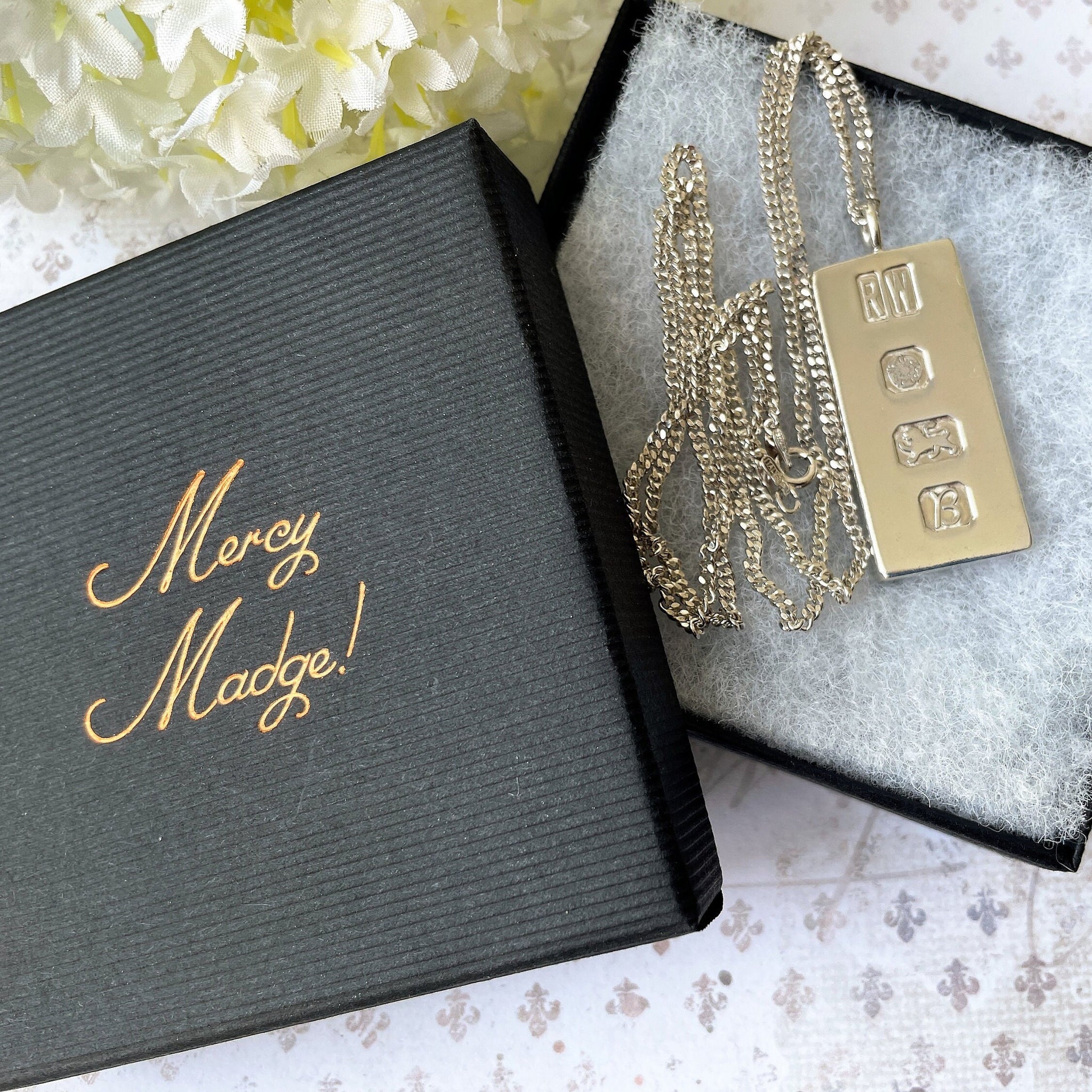 Vintage British Silver Large Ingot Pendant & Chain – Mercy Madge Vintage British Silver Large Ingot Pendant & Chain – Mercy Madge